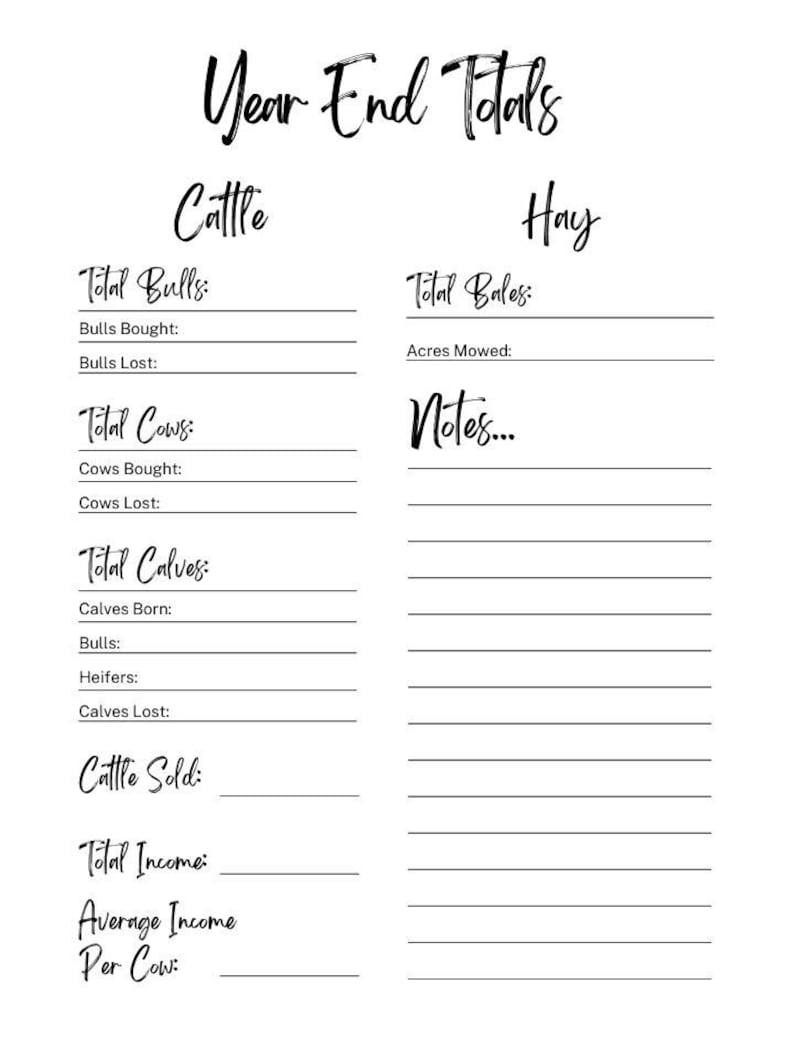 FILLABLE End of Year Farm Planner | Cattle and Hay Tracker | Farm ...