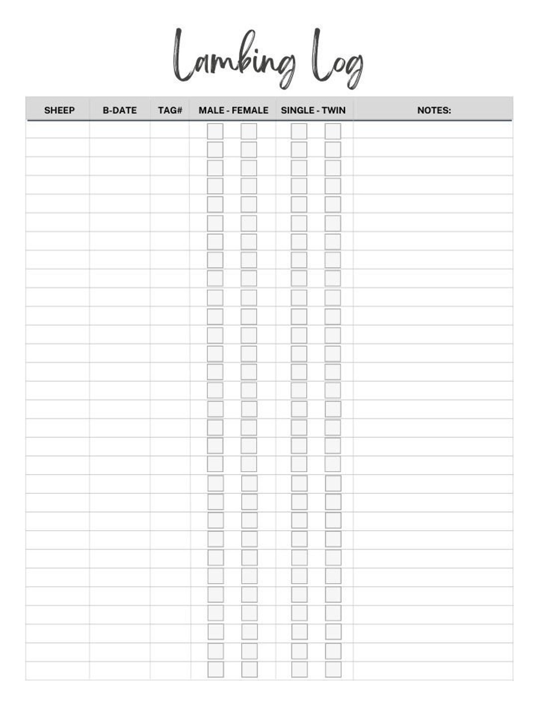 Lambing Log | Sheep Records Farm Planner | - Etsy