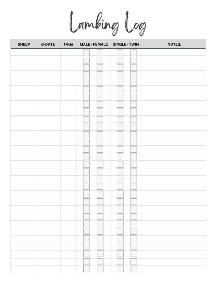 Lambing Log | Sheep Records Farm Planner | - Etsy
