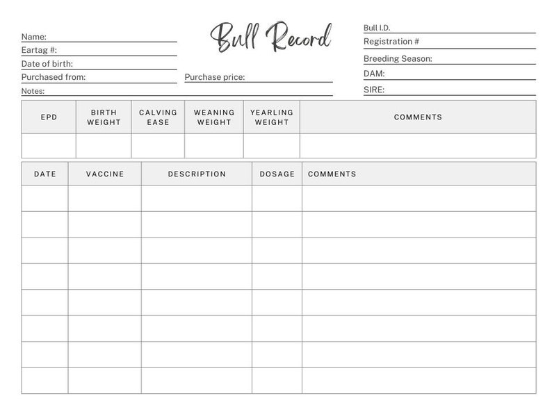 FILLABLE Cattle Record | Bull, Cow and Calf Record Sheet | Vaccine ...