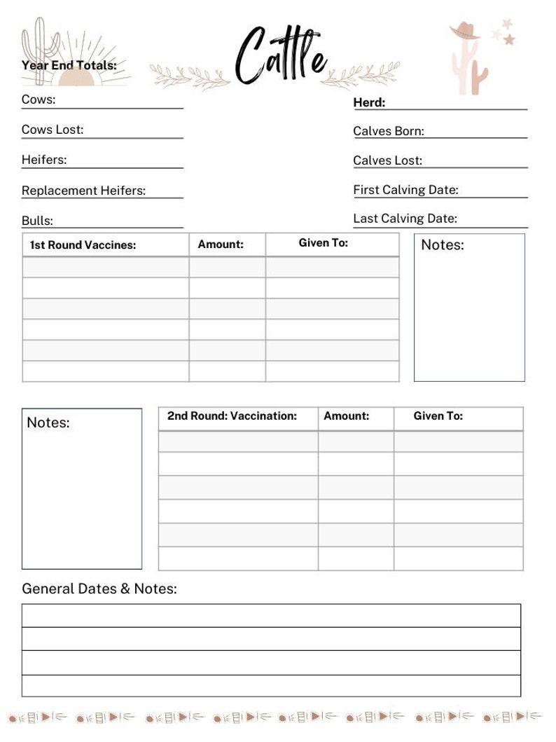 Farm Planner for Cattle Records | WESTERN BOHO |calving, Sales, Year ...