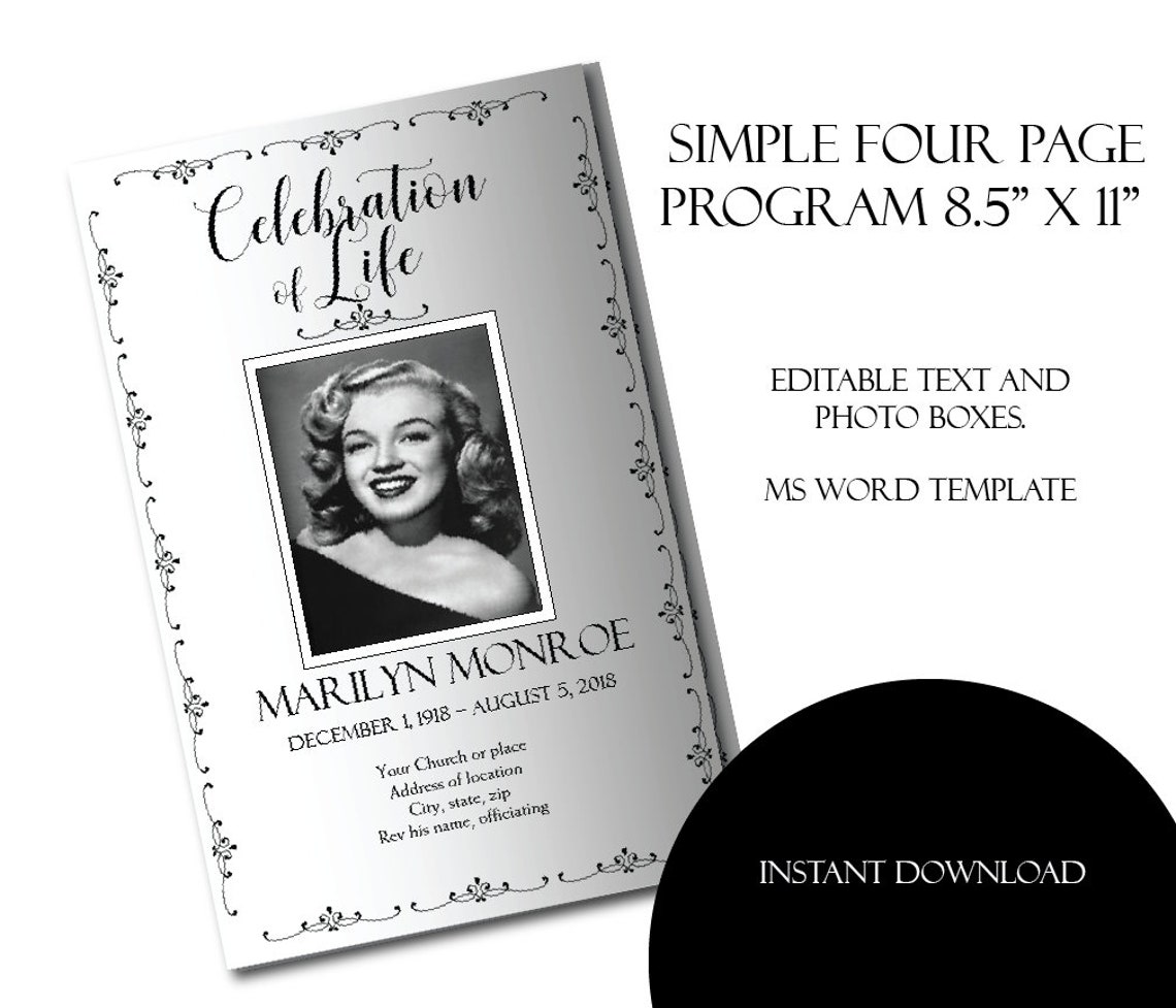 Simple Silver Black and White Funeral Program Template | Etsy