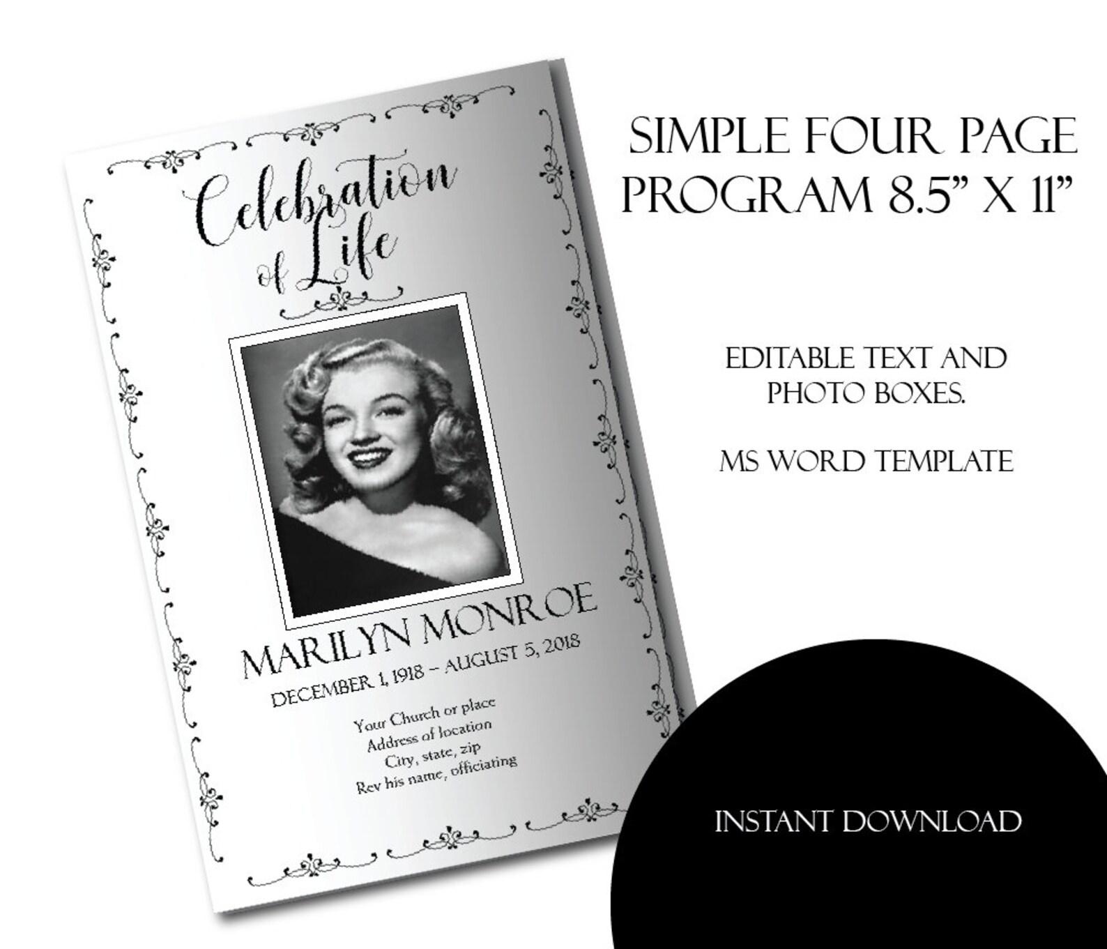 Simple Silver Black and White Funeral Program Template | Etsy