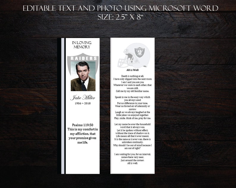 Funeral Bookmark Template Oakland Raiders Memorial Bookmark Program ...