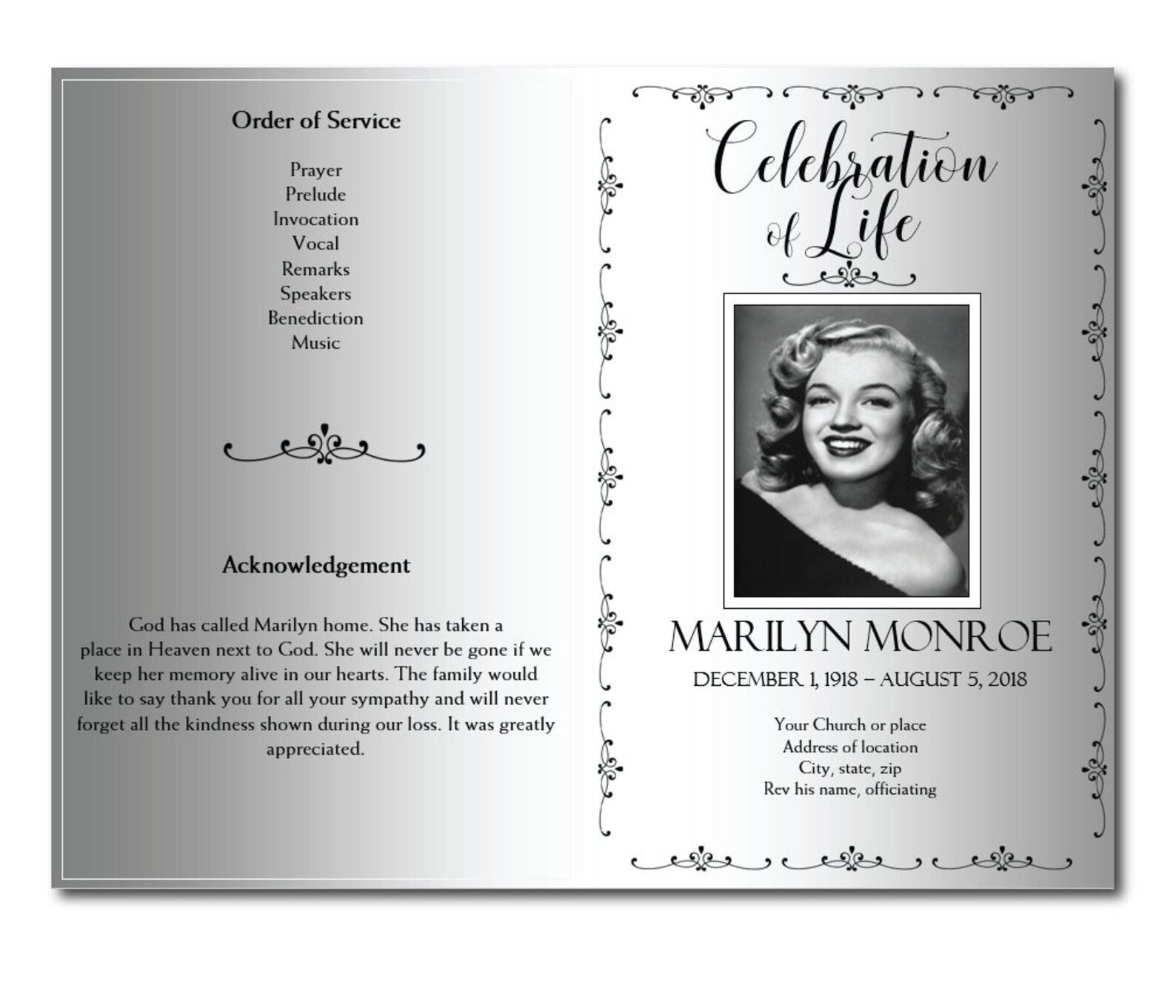 Simple Silver Black and White Funeral Program Template | Etsy