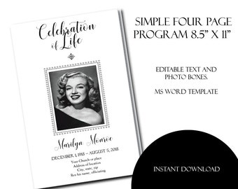 Simple Black and White Funeral Program Template Memorial | Etsy