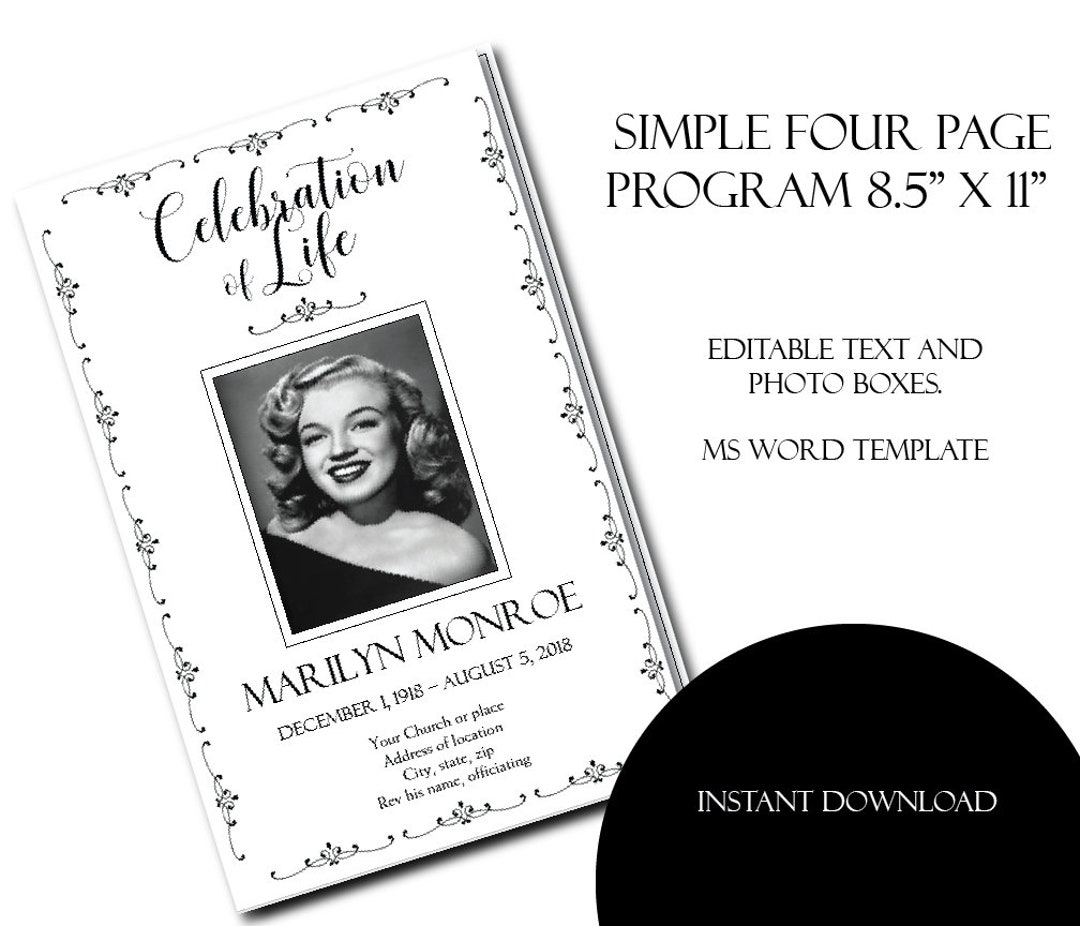 Simple Black and White Funeral Program Template Memorial - Etsy