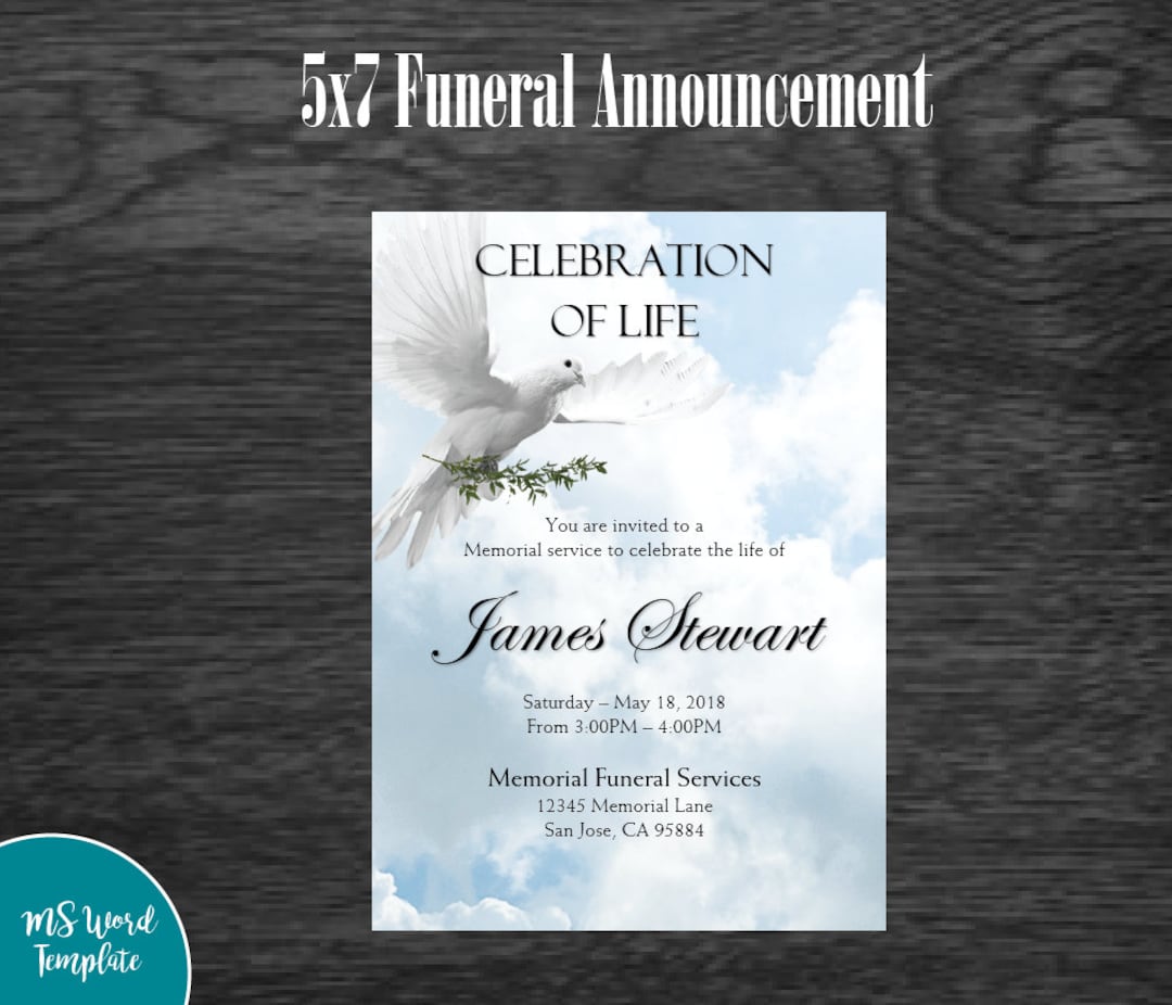 Blue Clouds Dove Funeral Announcement Memorial Invitation Mourning ...