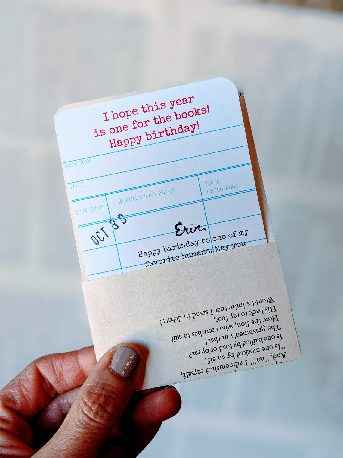 Birthday Card Book Lovers Library Card Literary Book Lover - Etsy