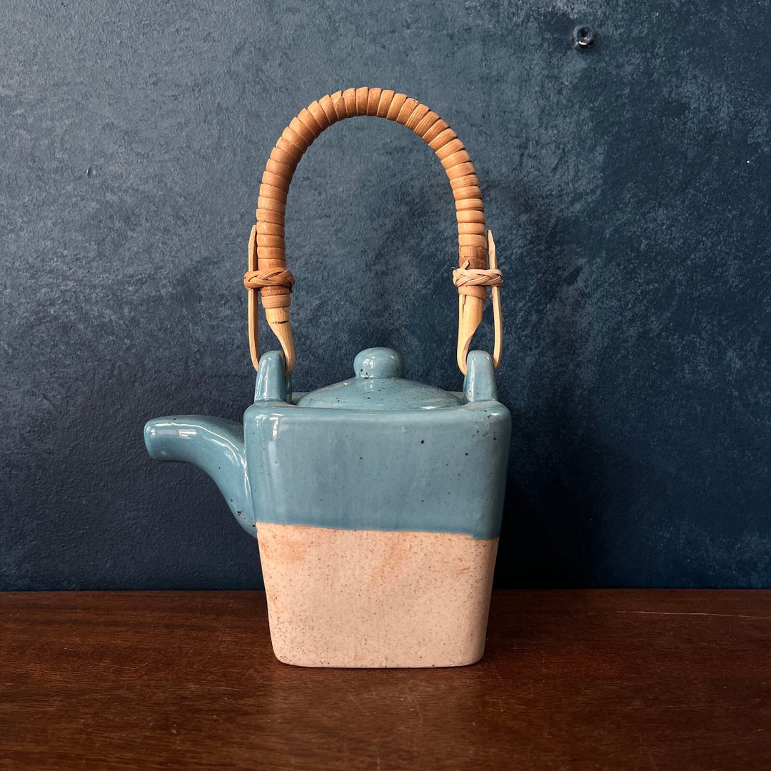 Tea Pot Blue Soda Bamboo Handle - Etsy