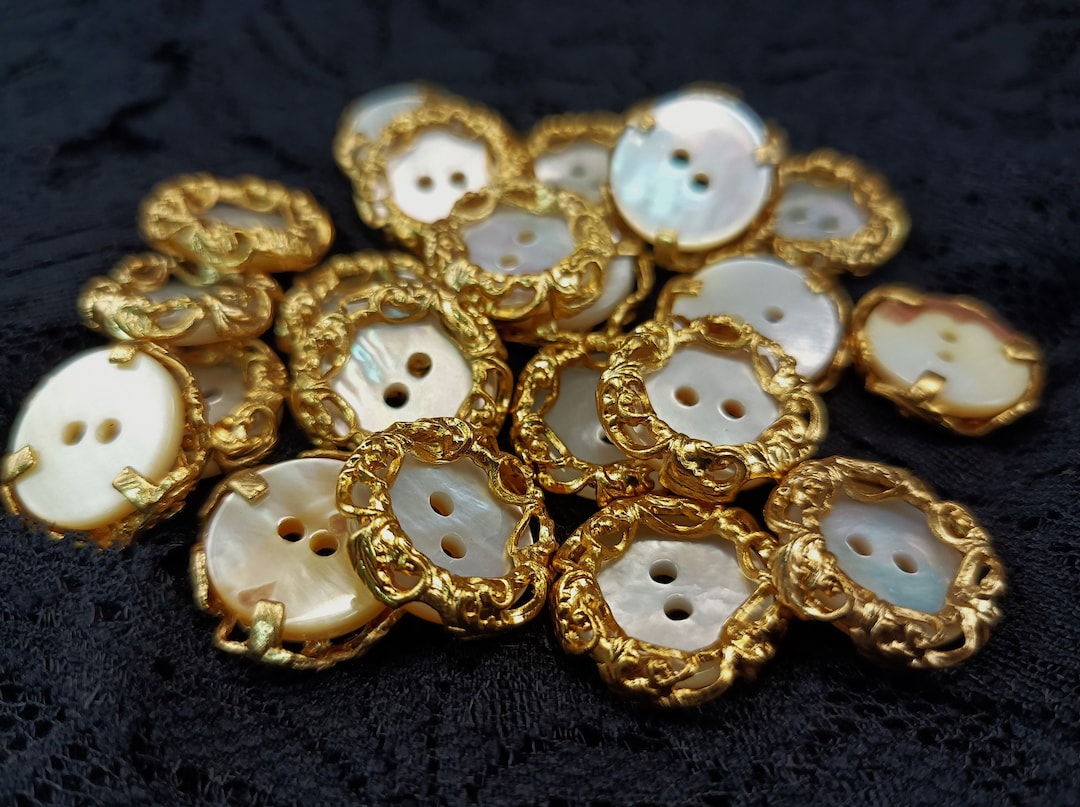 Vintage White Mother-of-pearl Jewel Button 18mm 5pcs With Golden Brass ...