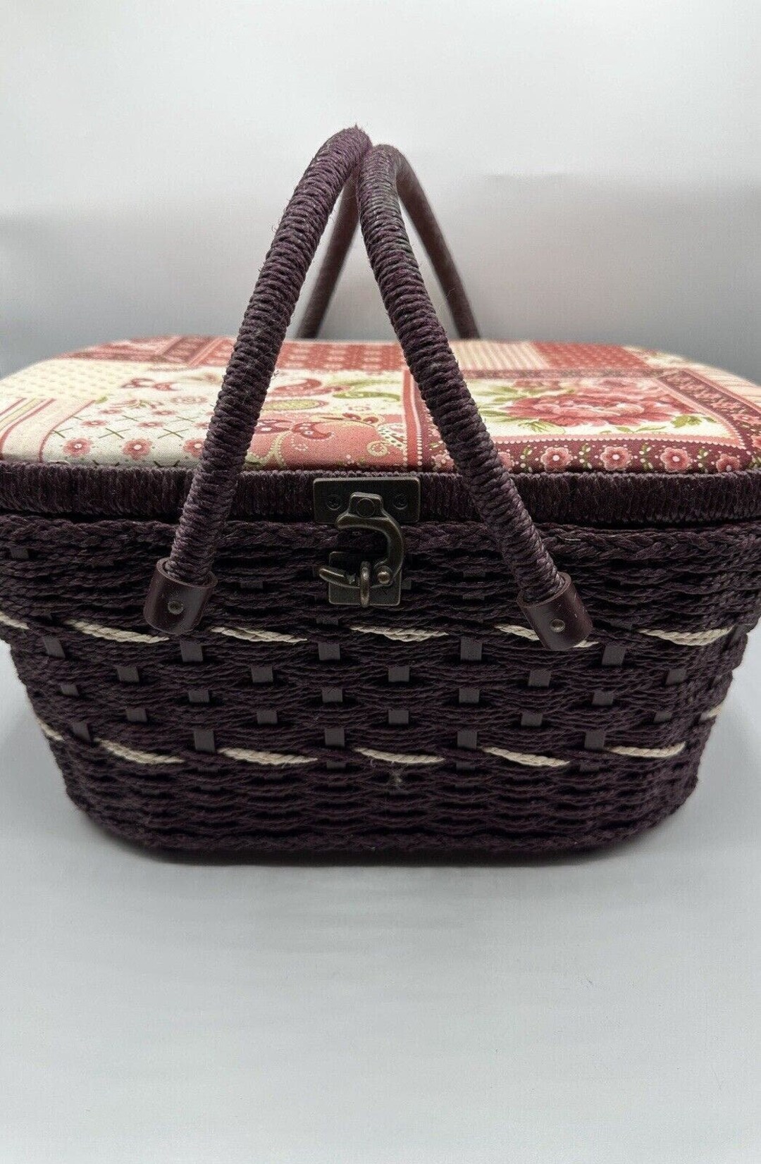 Vtg Floral Fabric Padded Wicker Sewing Basket Box W/ Tray 14 X 10 X 8 ...