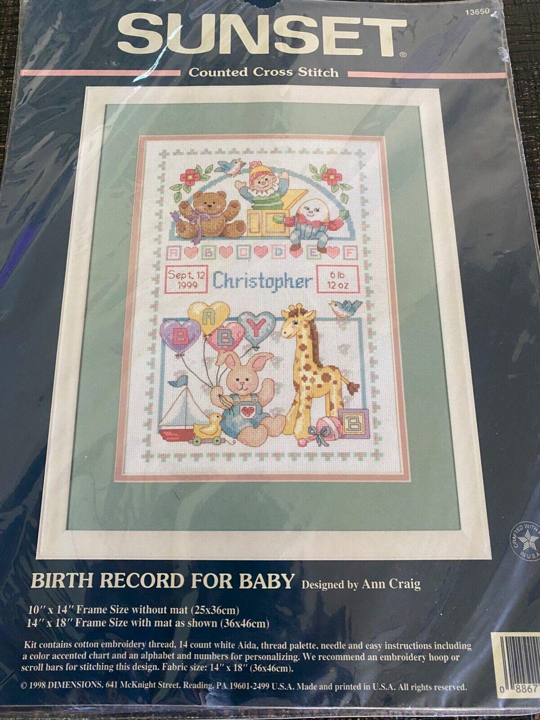 Sunset Counted Cross Stitch Birth Record for Baby 14"x18" 1998 13650 ...