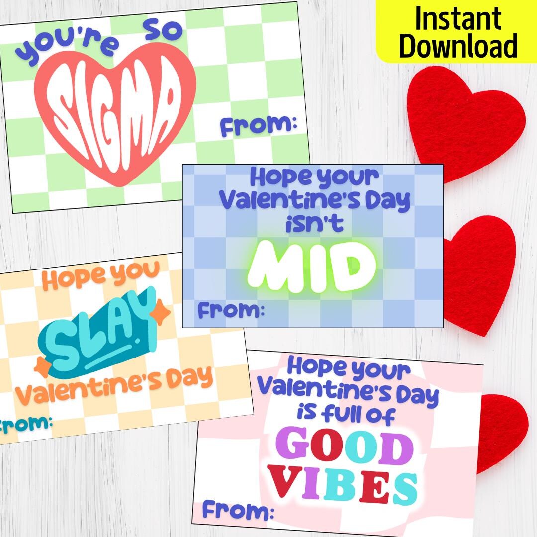 Kids Funny Slang Words - Sigma, Mid, Slay, Good Vibes Valentine’s Cards ...