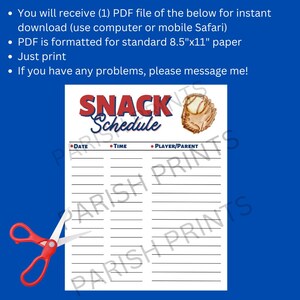 Baseball Snack Schedule Printable: Team Sign-up Sheet (digital Download ...