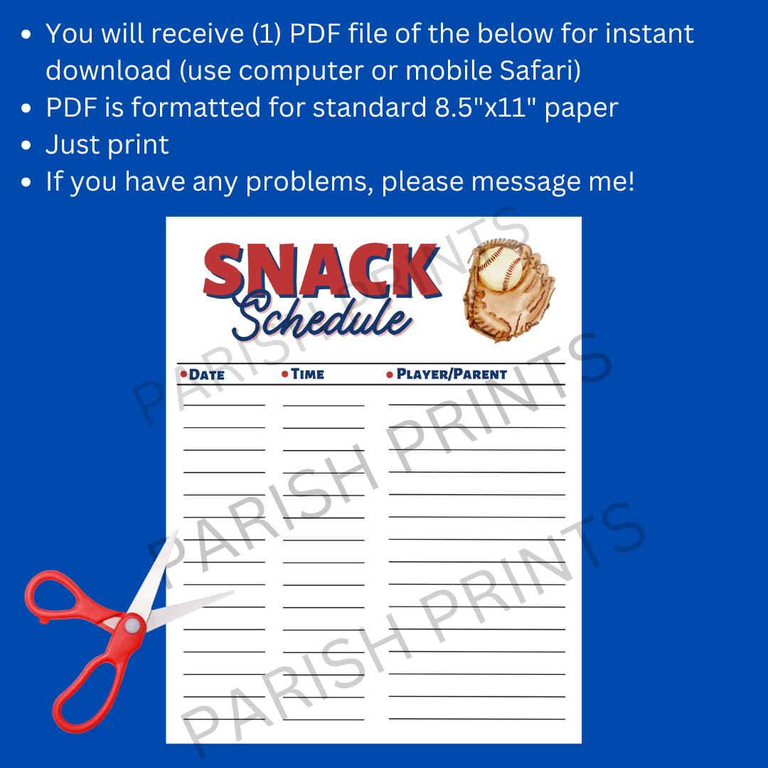 Baseball Snack Schedule Printable, Baseball Food & Drink Snack Sign up ...