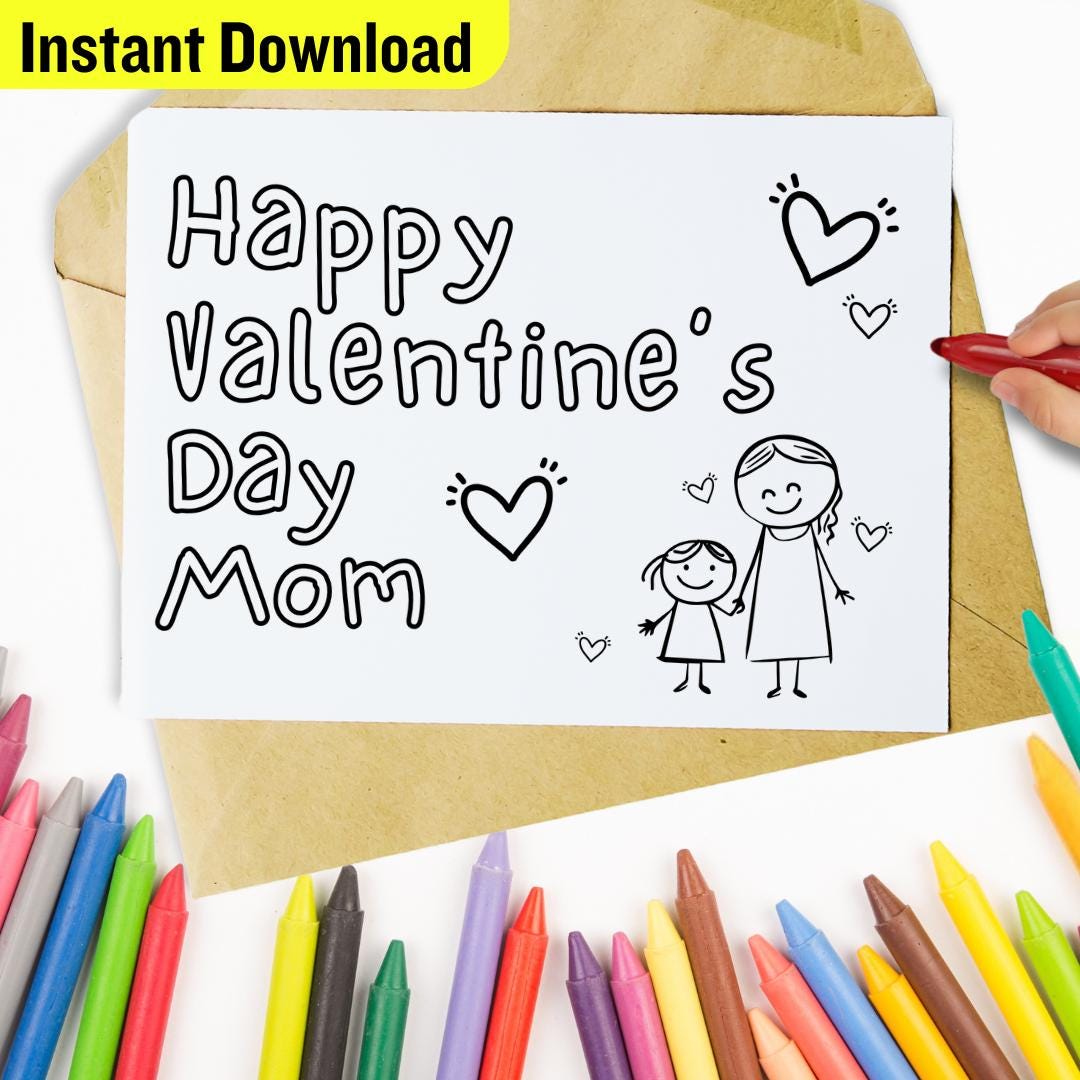 Kids Doodle Color in DIY Valentine Card for MOM From Daughter Instant ...