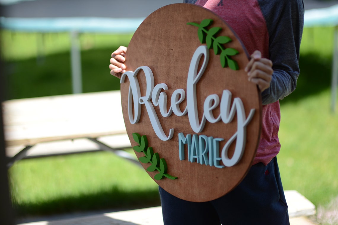 Round Custom Name Sign Tree Leaf Set Baby Girl Boy Nursery - Etsy