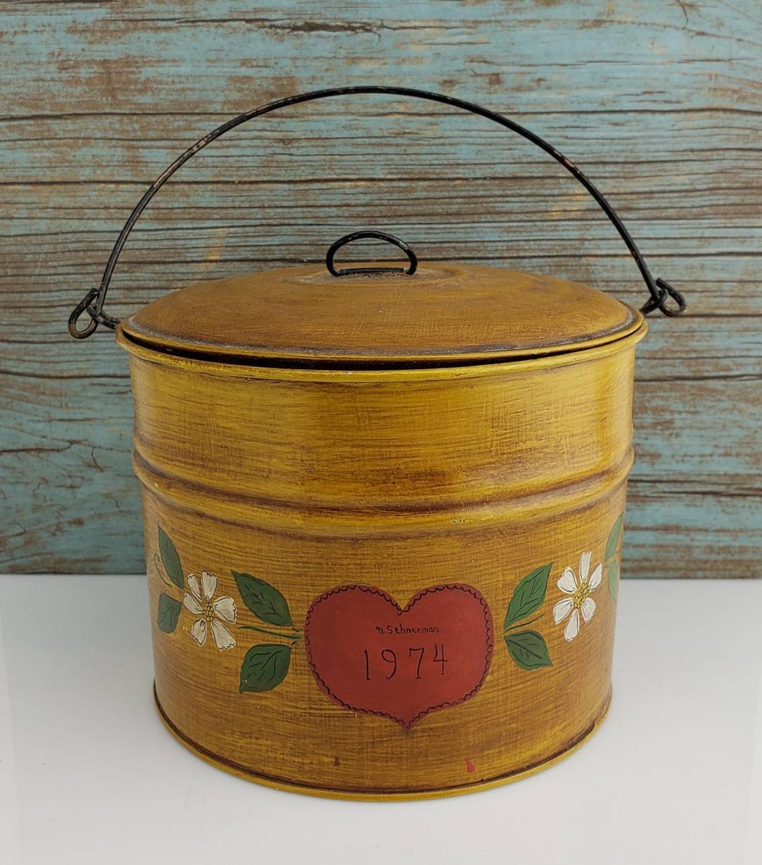 1974 Folk Art Hand Painted Metal Bucket With Lid & Handle, Great for ...