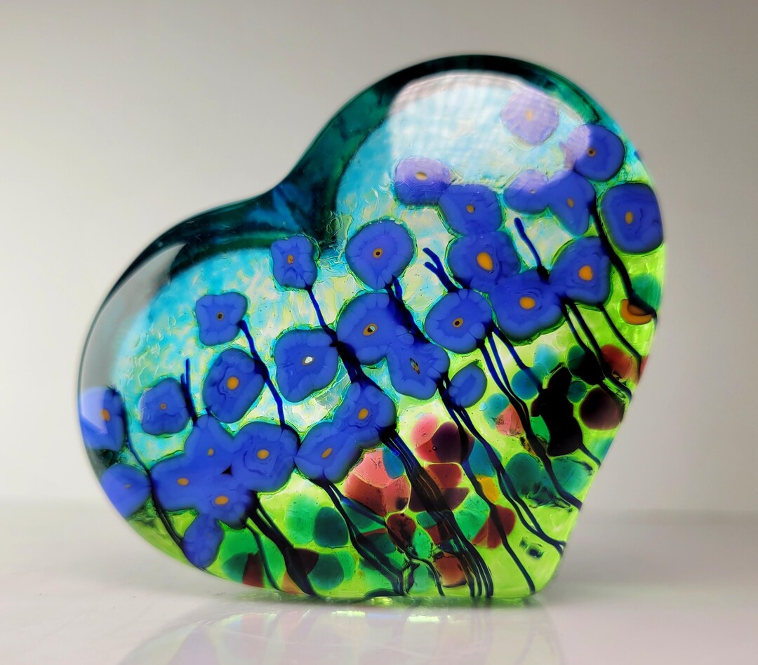 Robert Held Art Glass Heart Shaped Paperweight With Field of Blue ...