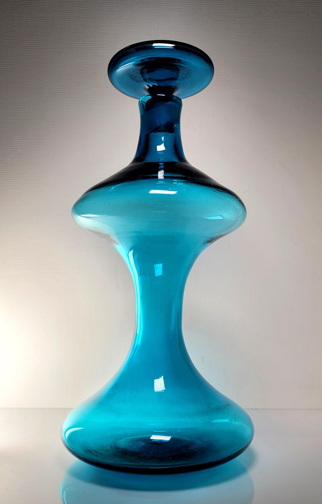 Wayne Husted for Blenko Glass #563 MCM Blue Mushroom Hourglass Bottle ...