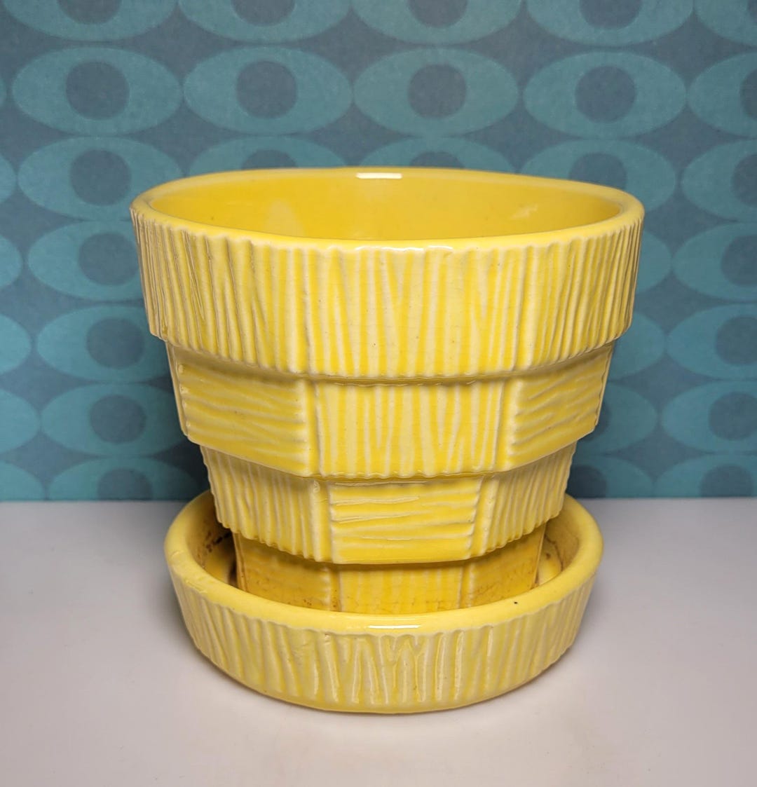 Mccoy Pottery Stepped Basket Weave Wood Panel Yellow Flower Pot Planter ...
