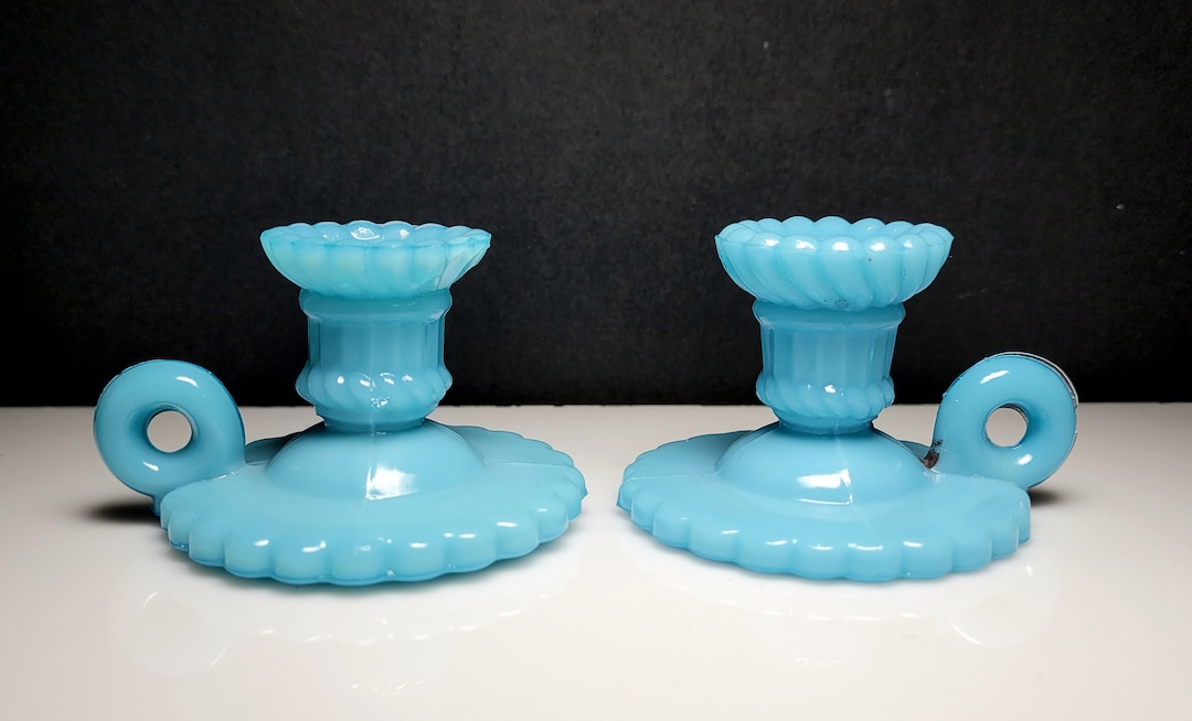 Portieux Vallerysthal Pair of Antique French Blue Opaline Glass Miniature Swirl Candleholders, 1 ...