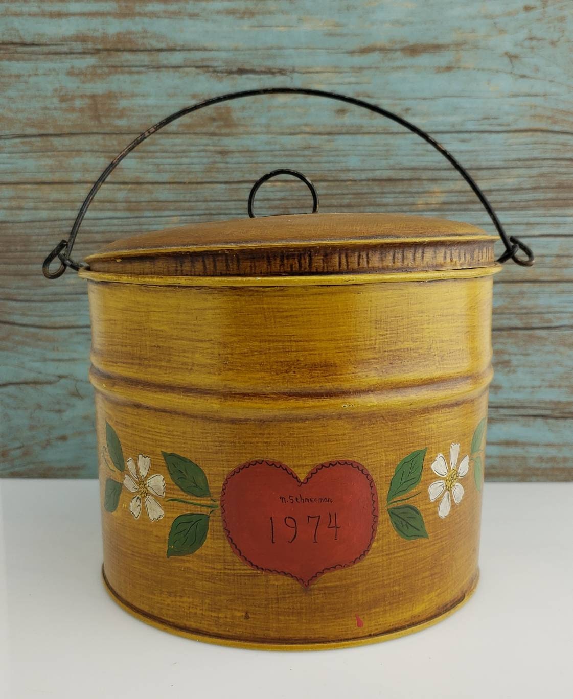 1974 Folk Art Hand Painted Metal Bucket With Lid & Handle, Great for ...