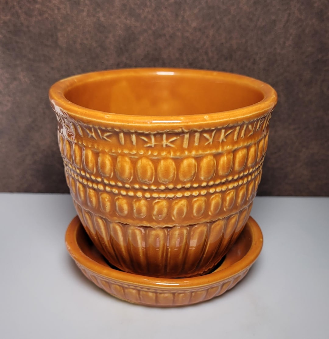 Mccoy Pottery Burnt Orange Beaded Flower Pot Planter With Attached ...