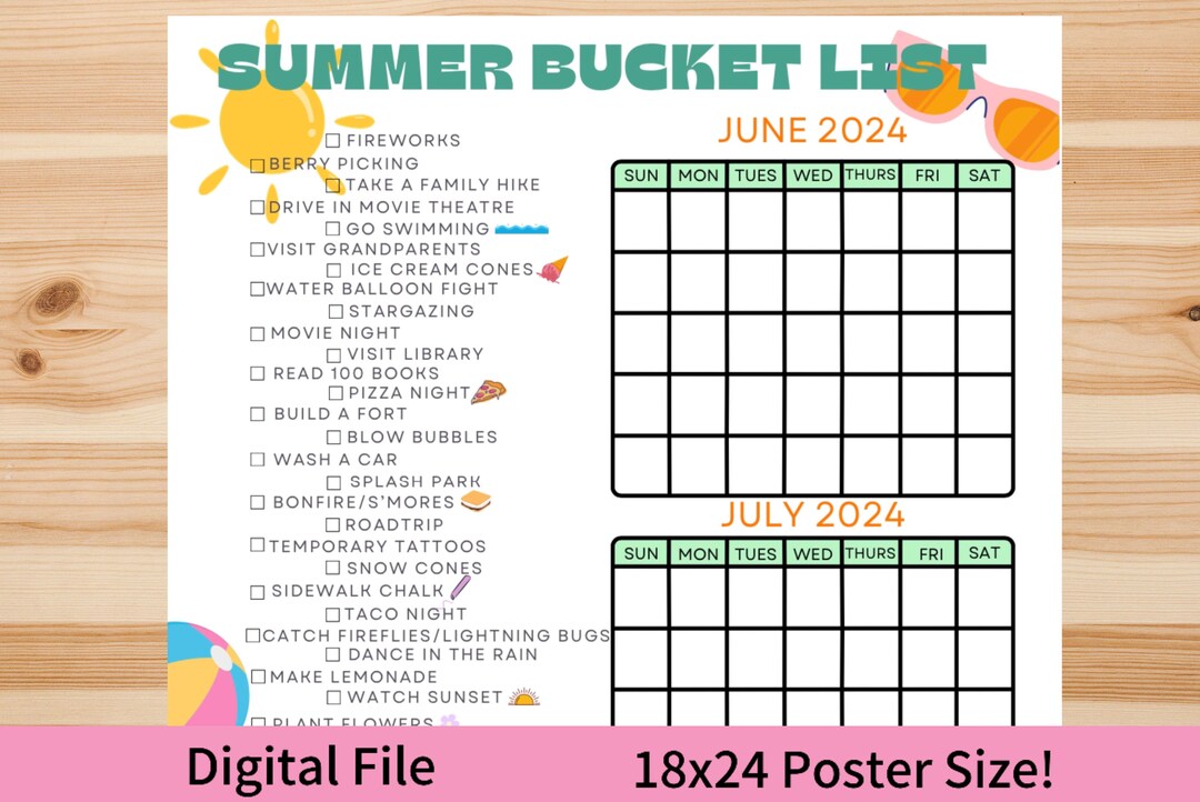 PRINTABLE Summer Bucket List Summer Calendar Summer Fun Poster Teacher ...
