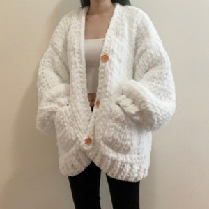 Handknit White Chunky Chenille Knit Cardigan With Wood Buttons and ...