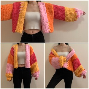 Handknit Bright Orange, Yellow, Hot Pink, and Pink Colorblock Chunky ...