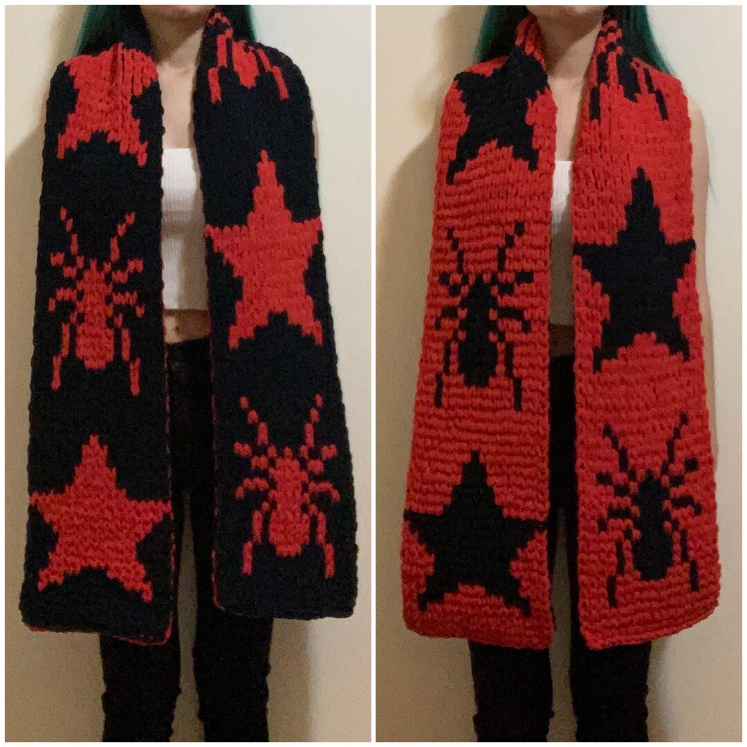 Handknit Reversible Red and Black Spider Star Graphic Pattern Chunky ...
