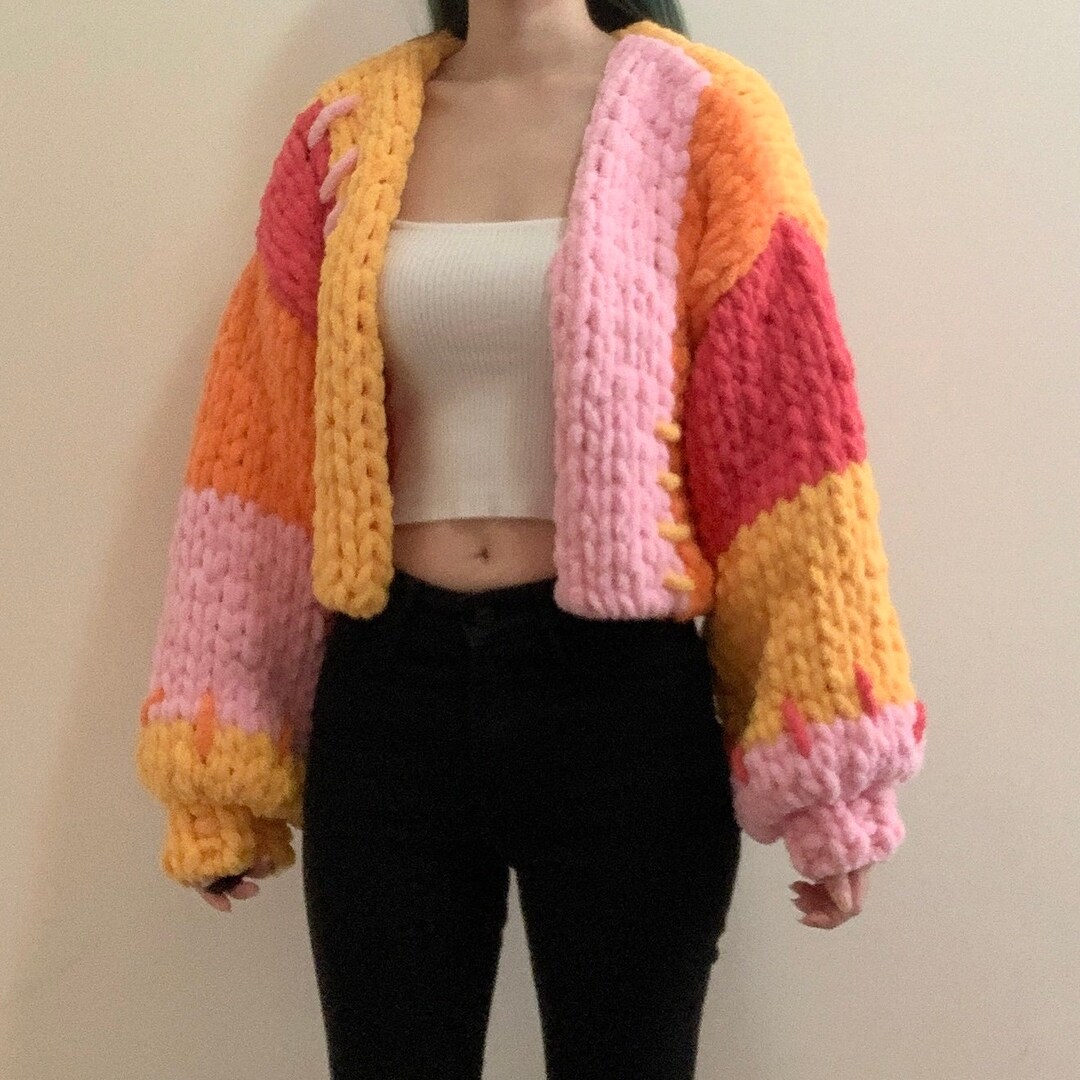 Handknit Bright Orange, Yellow, Hot Pink, and Pink Colorblock Chunky ...