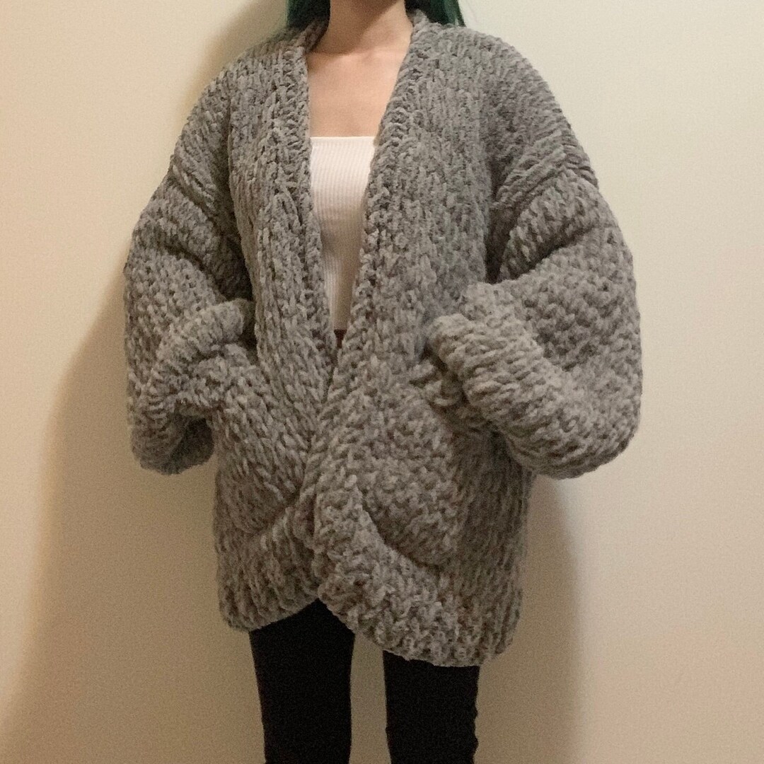 Handknit Greige and Black Marled Chunky Chenille Knit Open Front ...