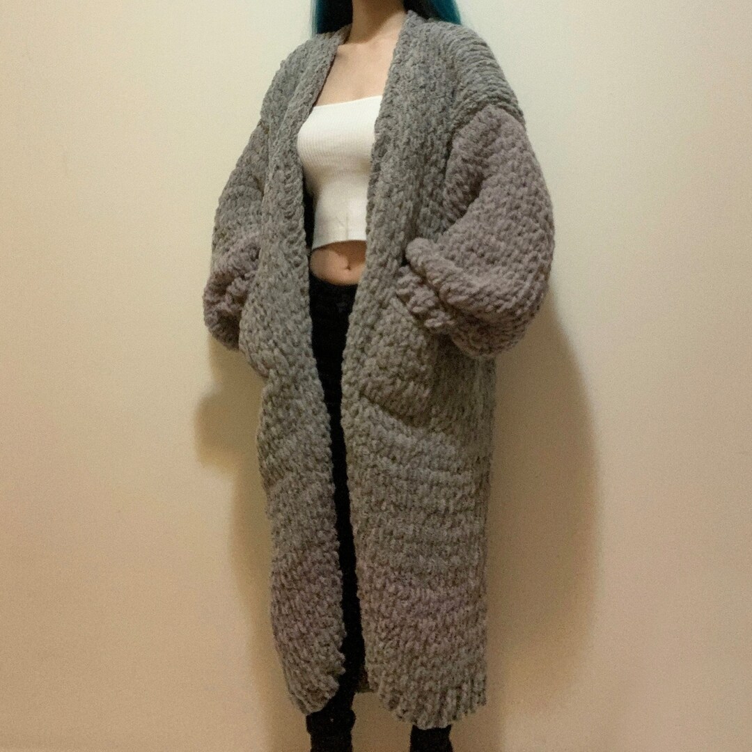 Handknit Greige and Black Marled Chunky Chenille Knit Maxi Open Front ...