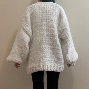 Handknit White Chunky Chenille Knit Cardigan With Wood Buttons and ...