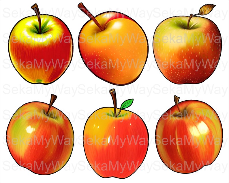 Apple Illustration Clip Art Instant Download, 6 Apples PNG Files ...