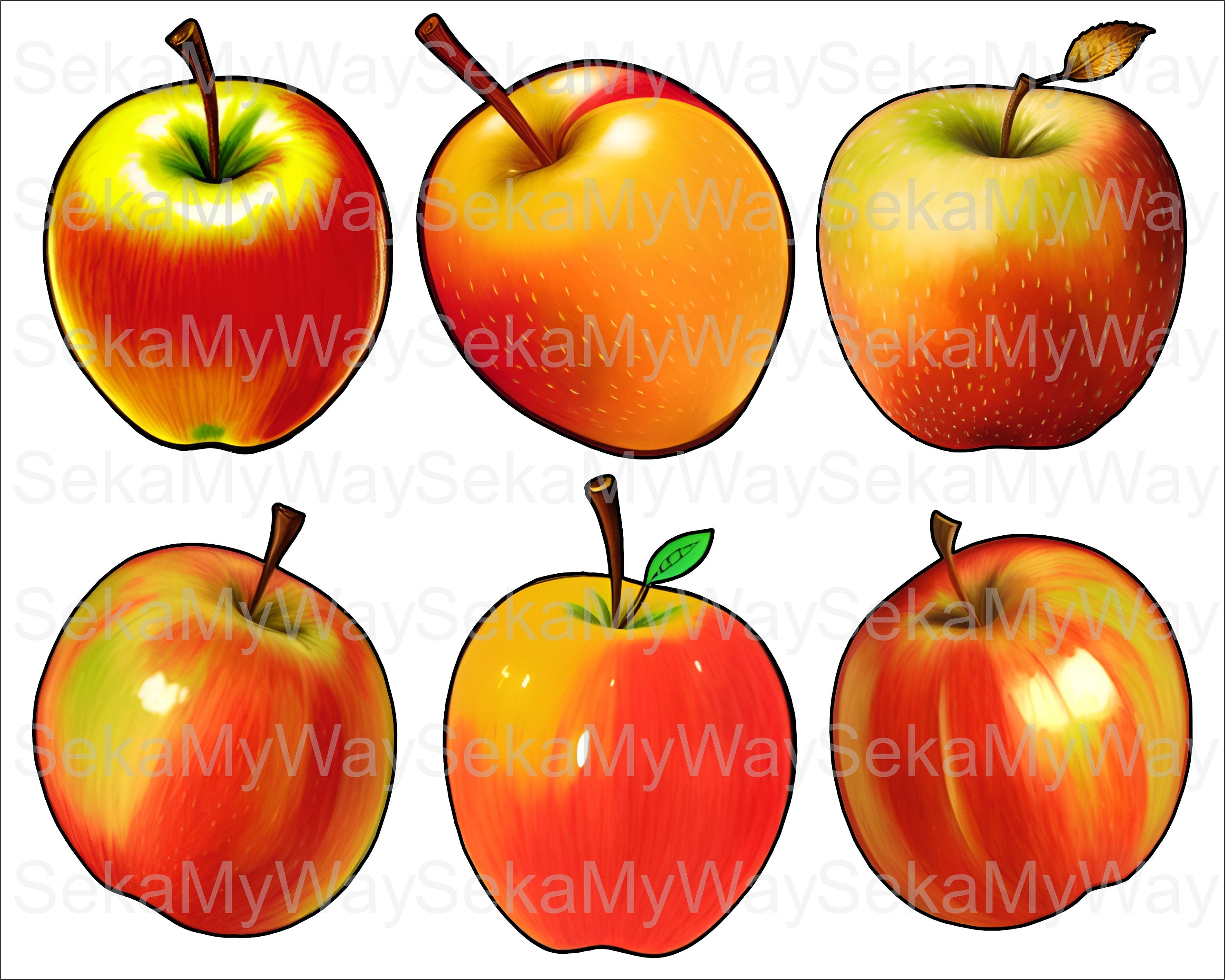 Apple Illustration Clip Art Instant Download, 6 Apples PNG Files ...