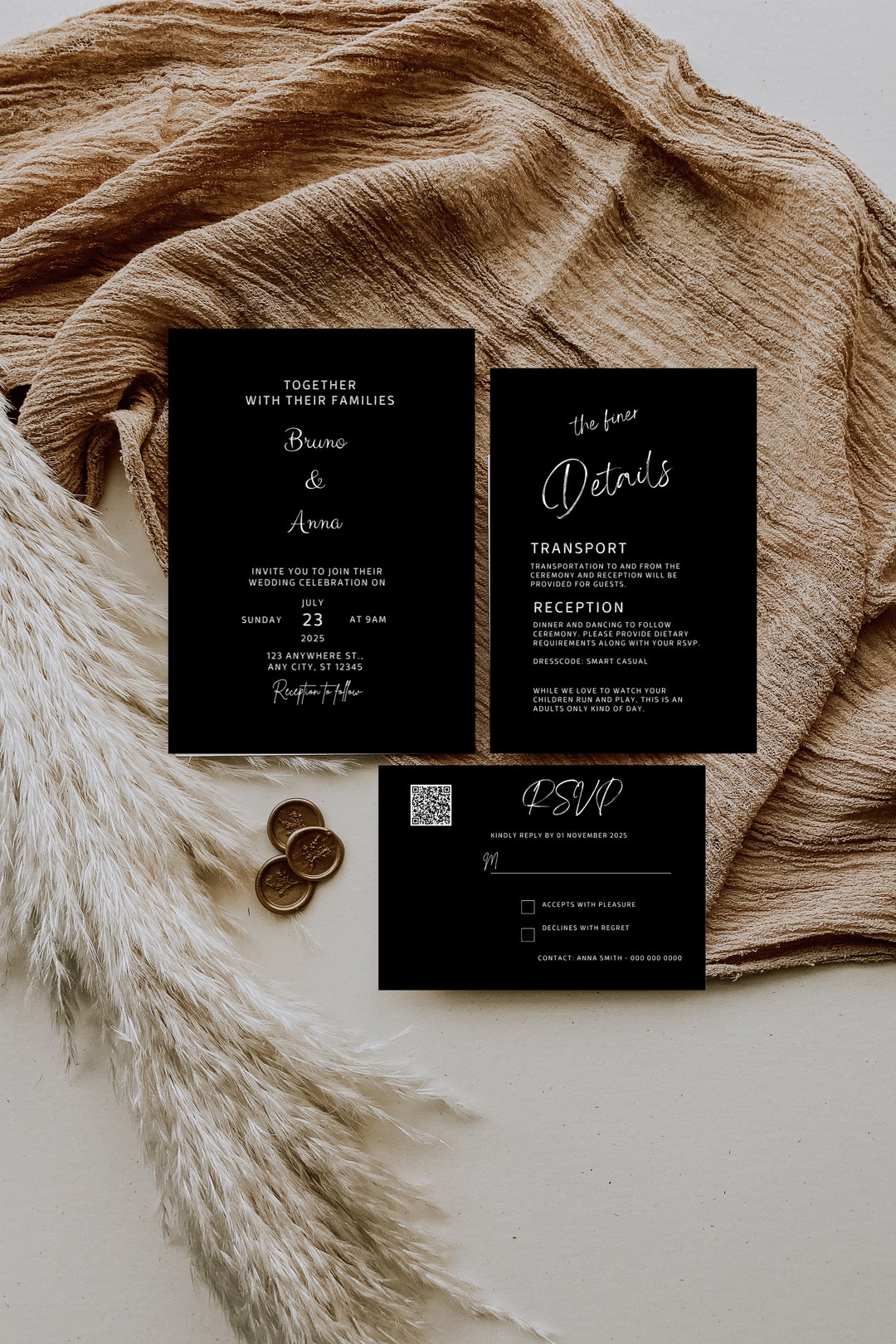 Black Wedding Invitation With QR Code, Minimal Wedding Invite Suite ...