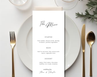 Minimalist Wedding Menu Template, Modern Script Wedding Dinner Menu ...