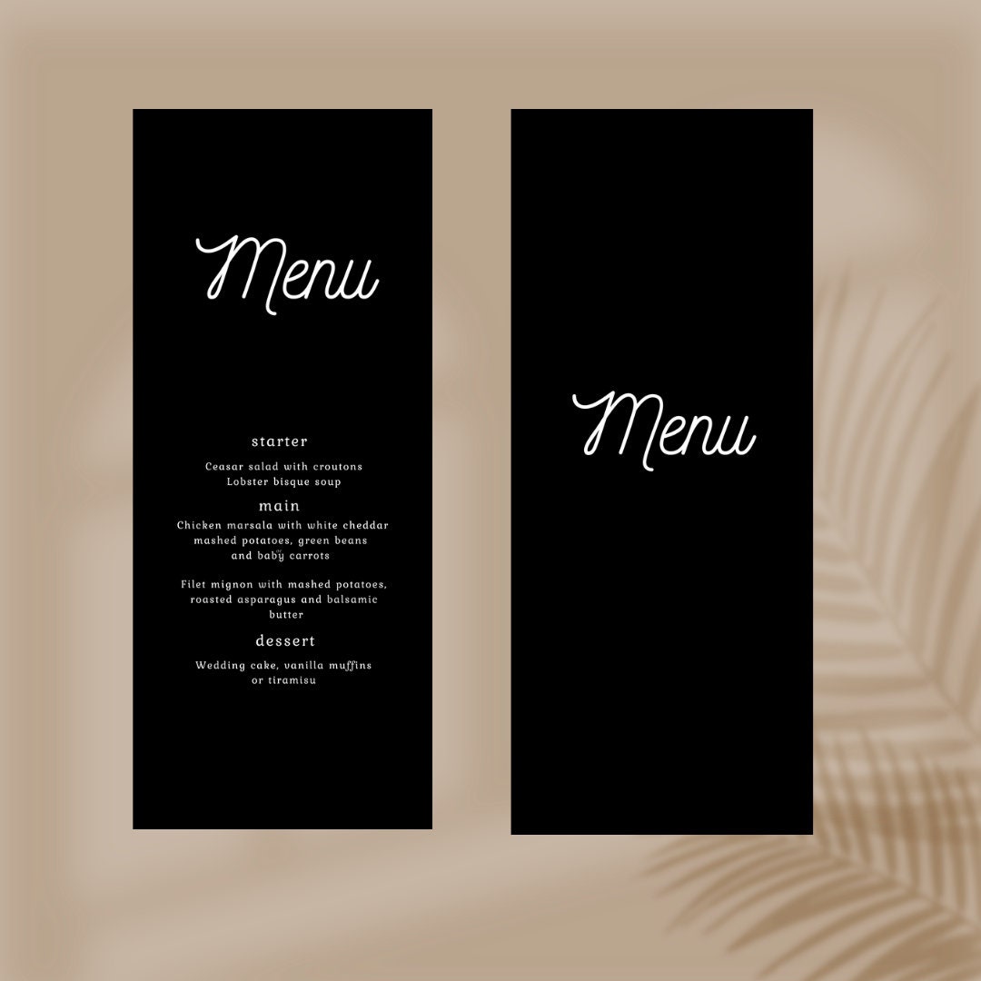 MODERN Black Wedding Menu Template, MINIMALIST Script Wedding Dinner ...