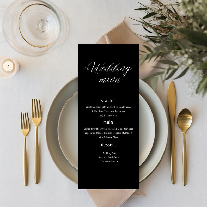 MODERN Wedding Menu Template, MINIMALIST Black Script Wedding Dinner ...