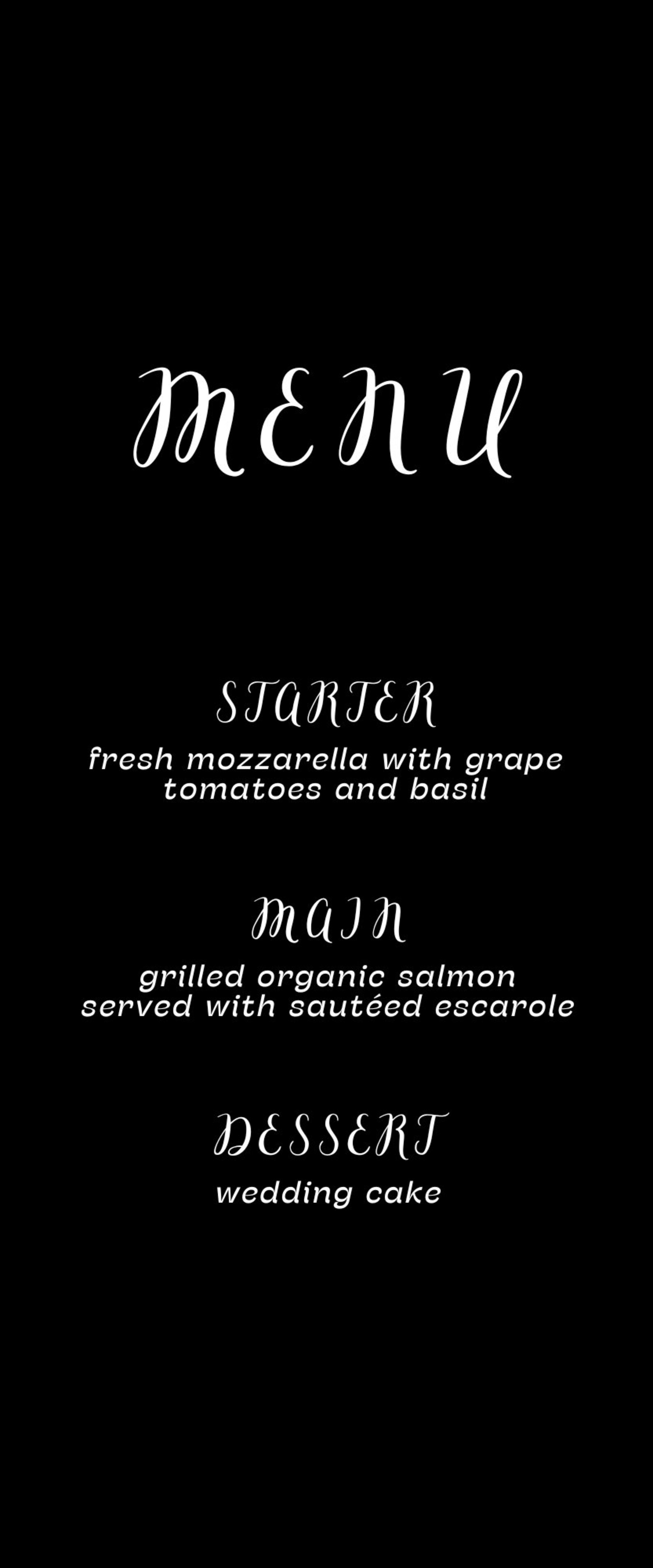 Modern Script Black Wedding Dinner Menu | Black and White Menu Template ...