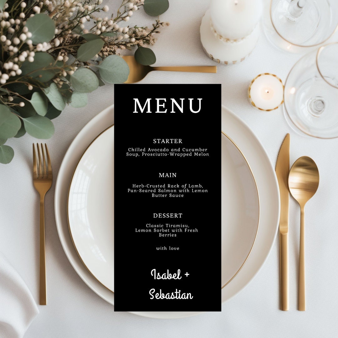 Minimalist Black Wedding Menu Template, Modern Script Wedding Dinner ...