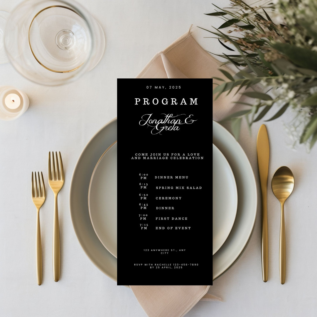 Modern Black Wedding Program Template, Minimalist Order of Service ...