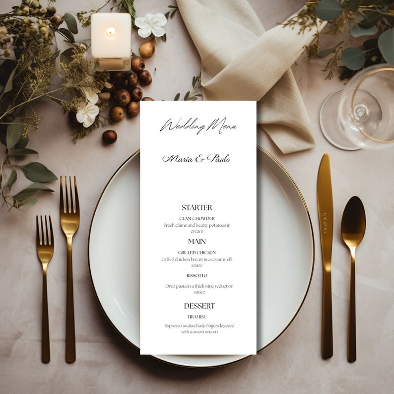 Minimalist Wedding Menu Template, Modern Script Wedding Dinner Menu ...