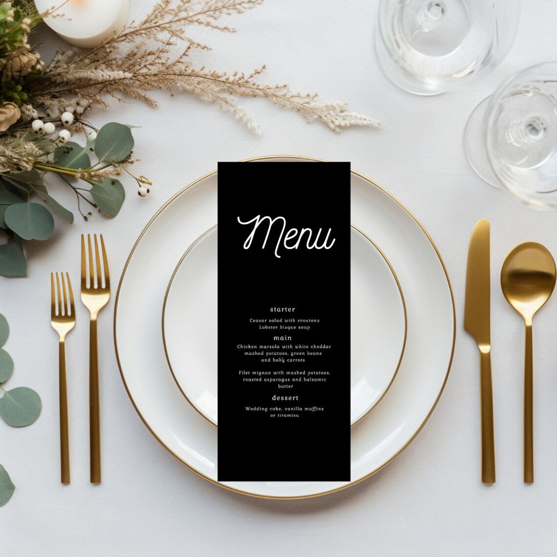 MODERN Black Wedding Menu Template, MINIMALIST Script Wedding Dinner ...