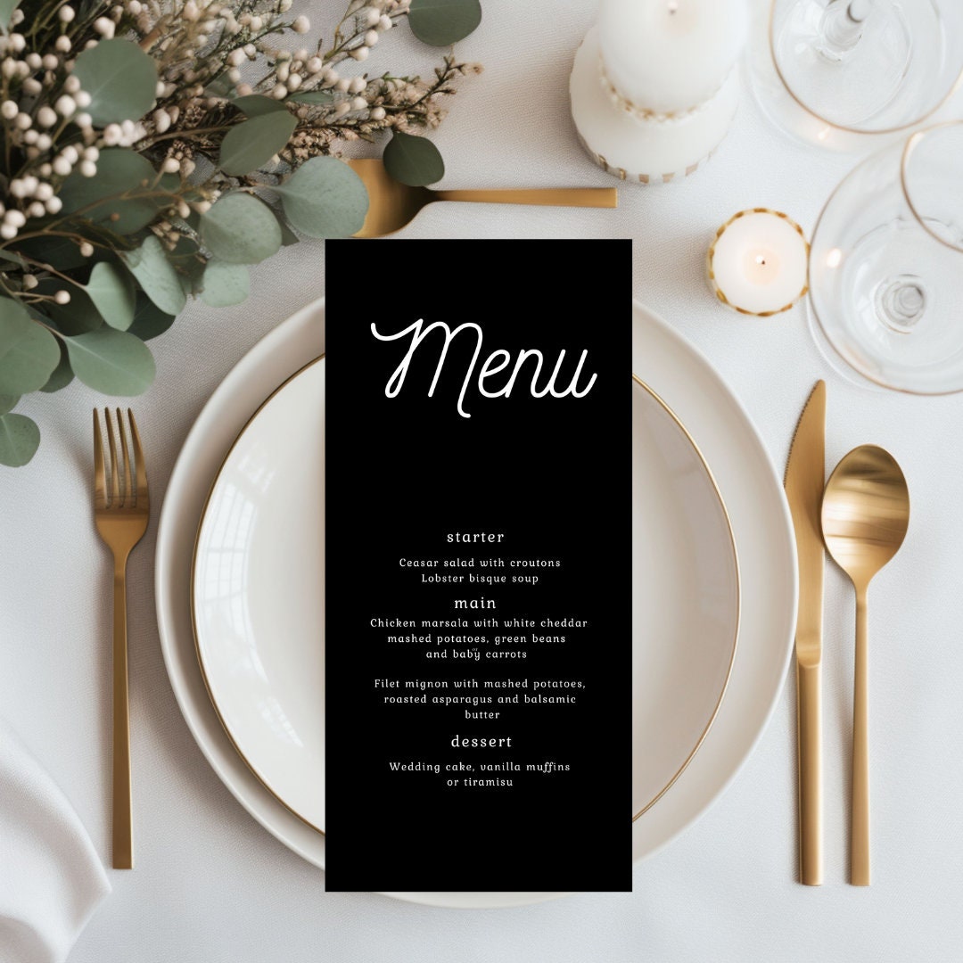 MODERN Black Wedding Menu Template, MINIMALIST Script Wedding Dinner ...