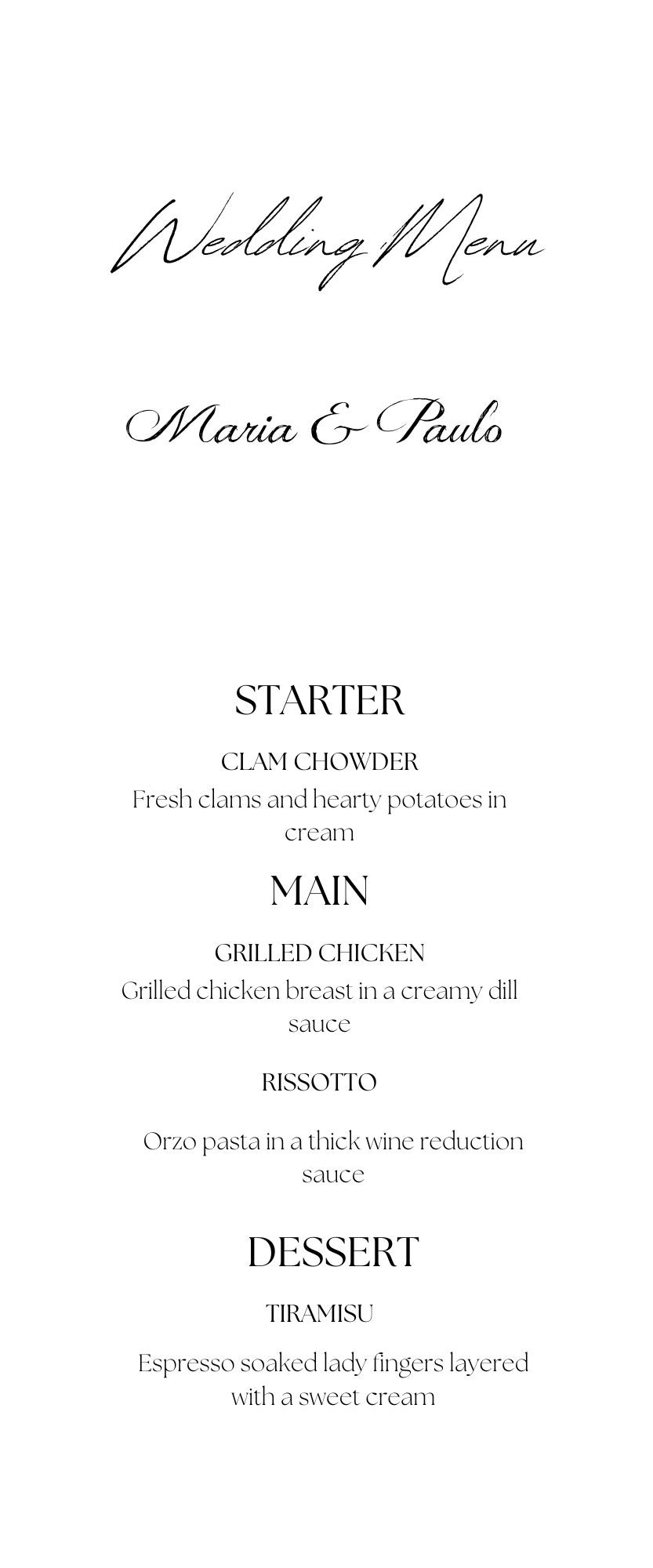 Minimalist Wedding Menu Template, Modern Script Wedding Dinner Menu ...